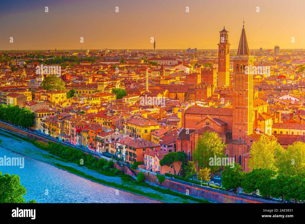 Panoramic view of Verona, Italy with the Santa Anastasia Church and the ...