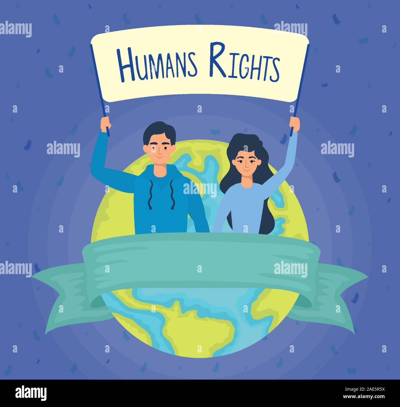 young lovers couple with human rights label and earth planet Stock ...