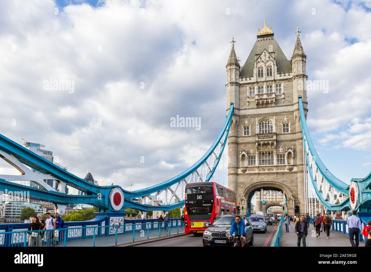 London - September 05 2019: Iconic Double decker crossing the Tower ...