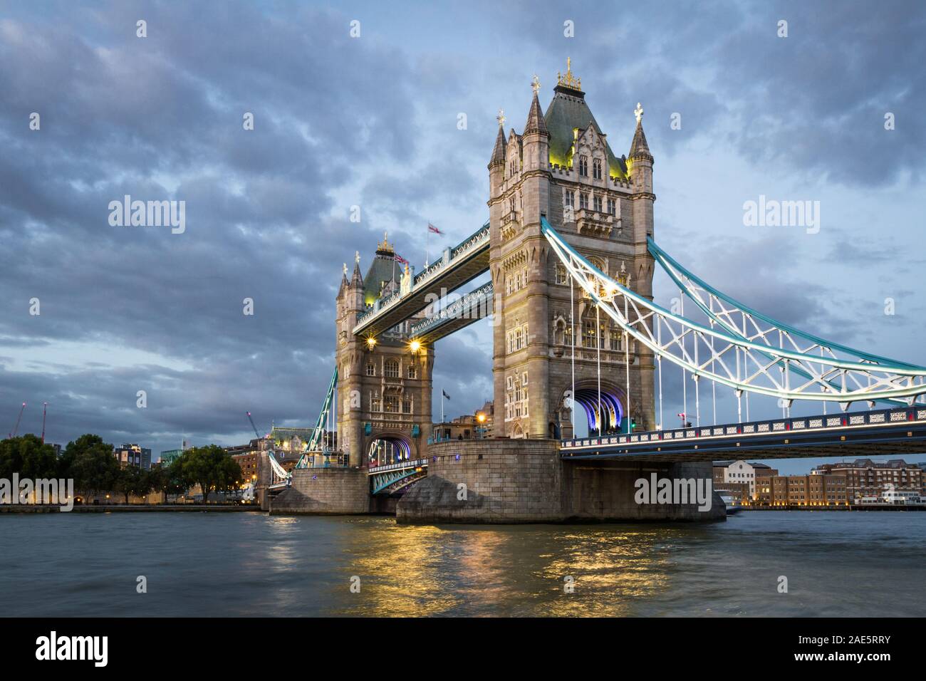 London - September 05 2019: Tower Bridge at dusk with the lights ...