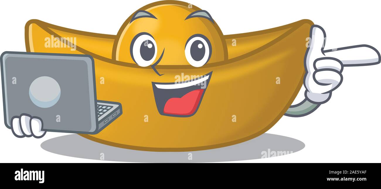 Happy smiling chinese ingot cartoon character working with laptop Stock ...