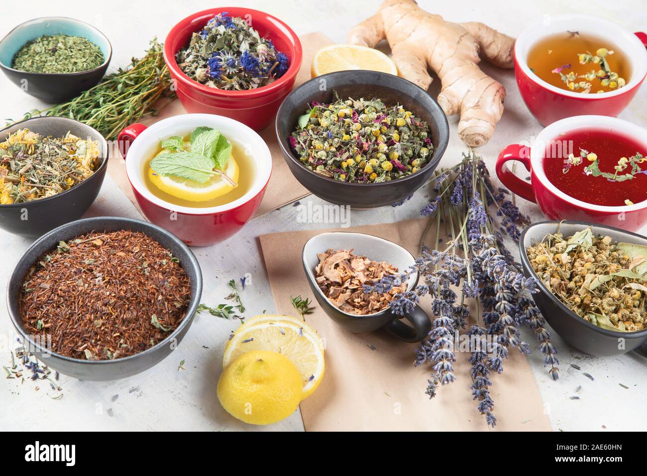 Different kinds of herbal tea.. Alternative medicine concept Stock ...