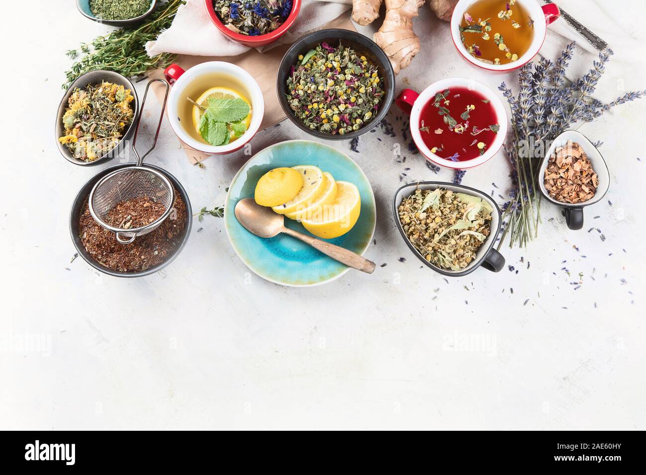 Different kinds of herbal tea.. Alternative medicine concept. Top view ...