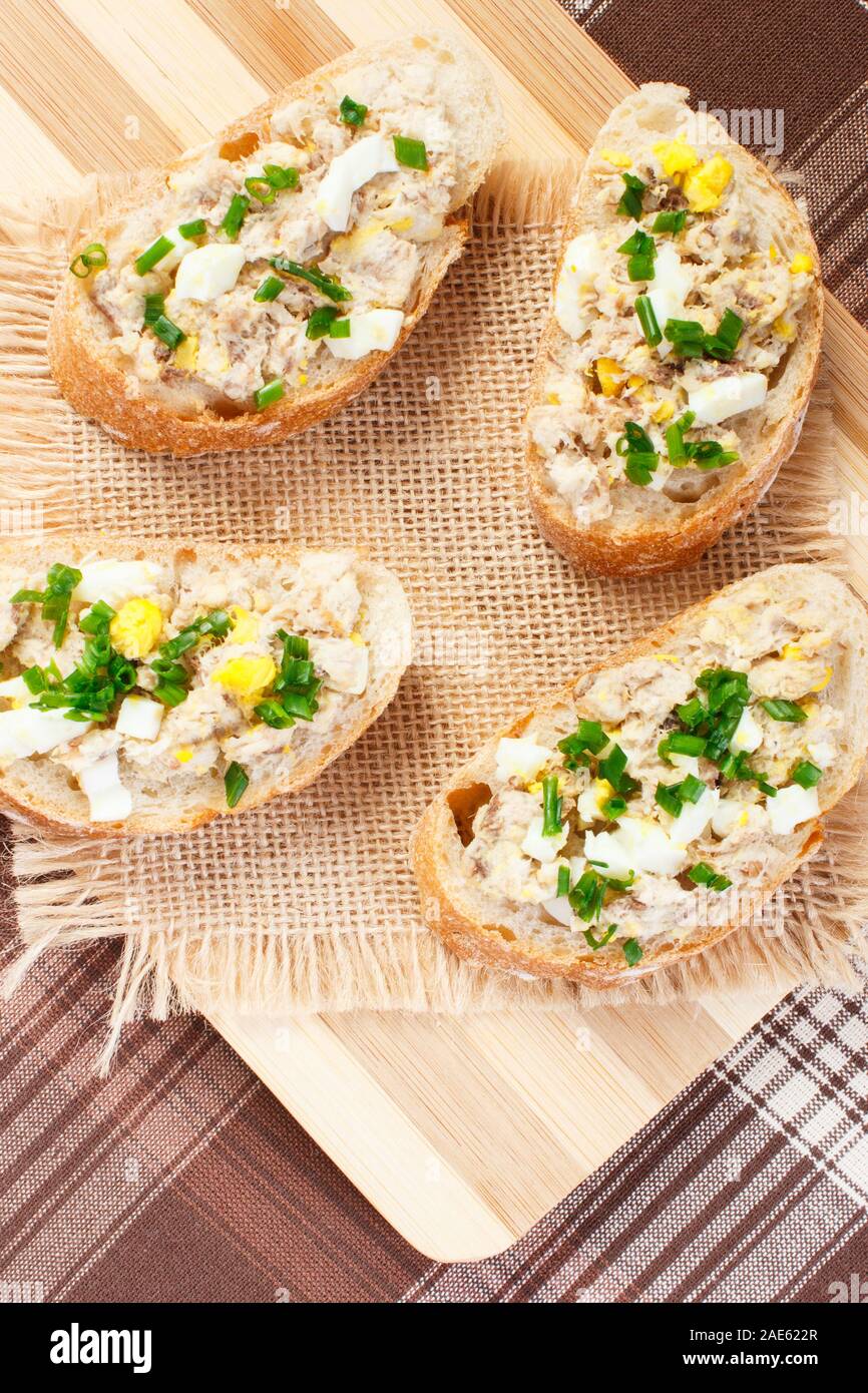 Crispy baguette with homemade mackerel or tuna fish paste, healthy ...