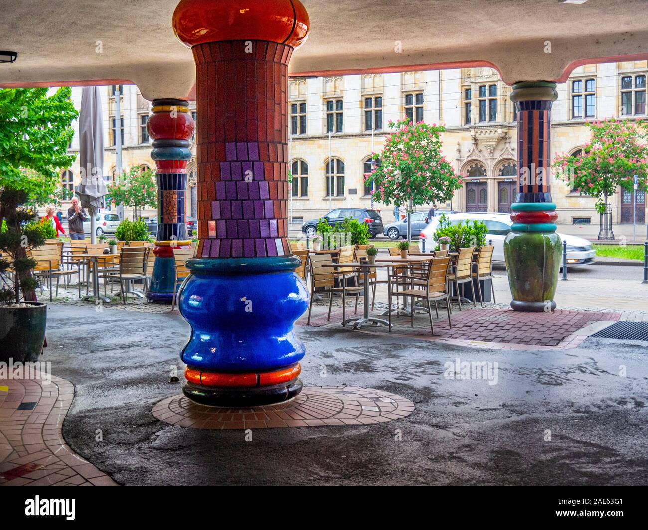 Colourful ceramic tiled columns of Hundertwasser Green Citadel Altstadt ...