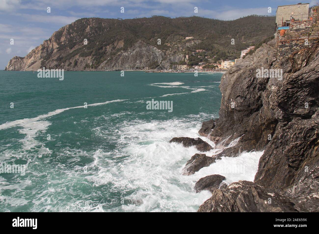 The view of shoreline in Monterosso with sea, coastline rocks and ...