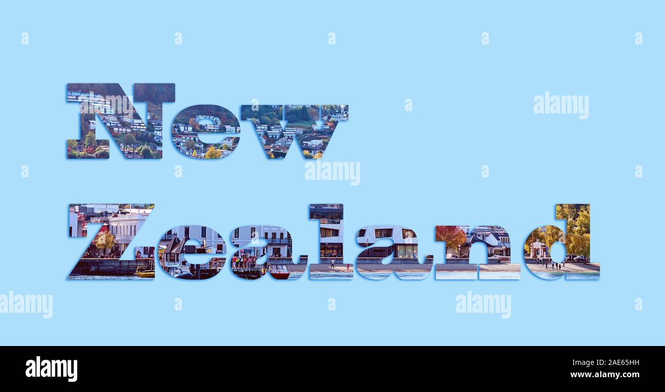 New Zealand - text with an image of the city of Queenstown forming the ...
