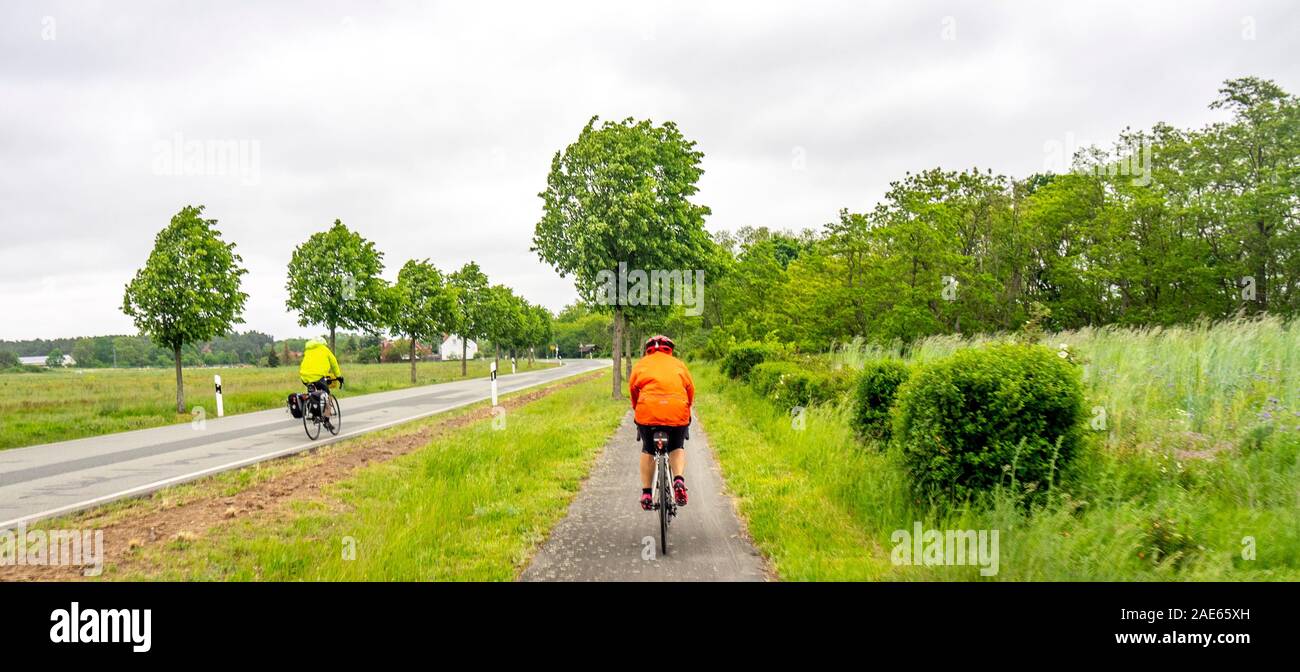 Touring cyclists riding bicycles on Elbe Cycle Route in Saxony-Anhalt ...