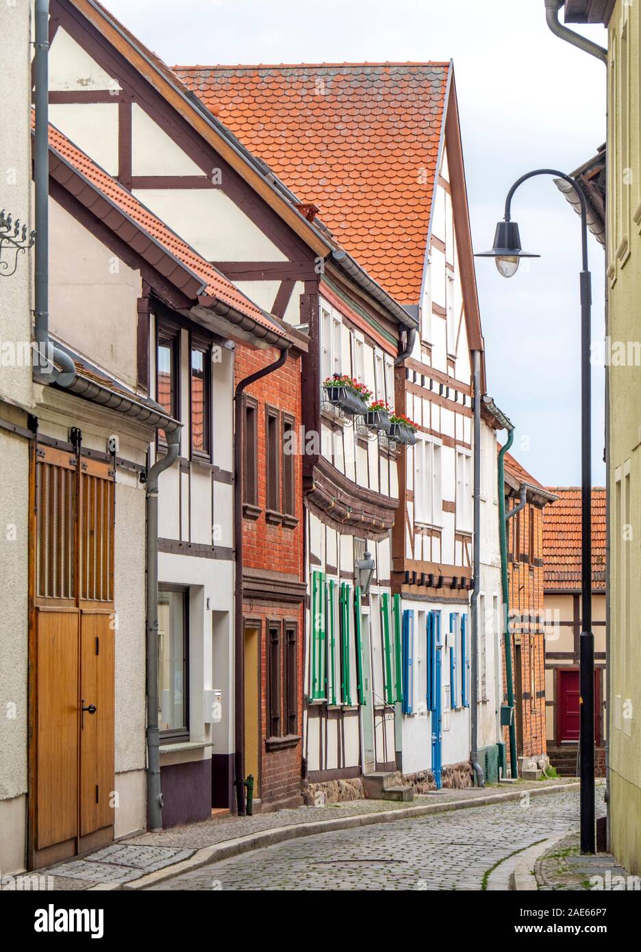 Row of timber frame buildings in historic Altstadt Tangermünde Saxony ...