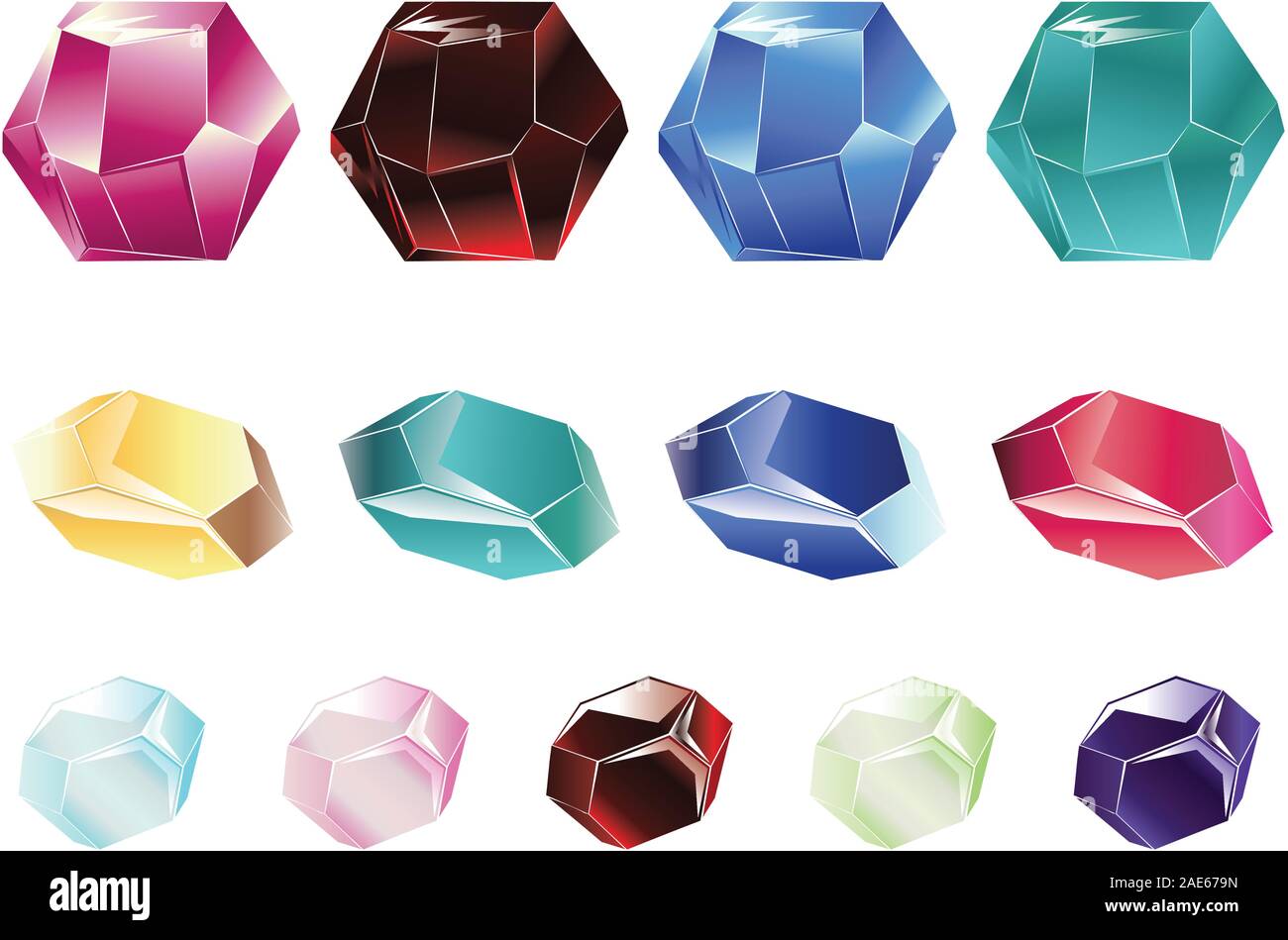 Abstract colorful rock crystal design in different shapes on white ...