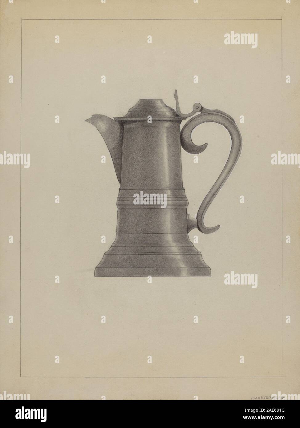 Depicts a pewter flagon created around 1936 by A. Zaidenberg, showing ...