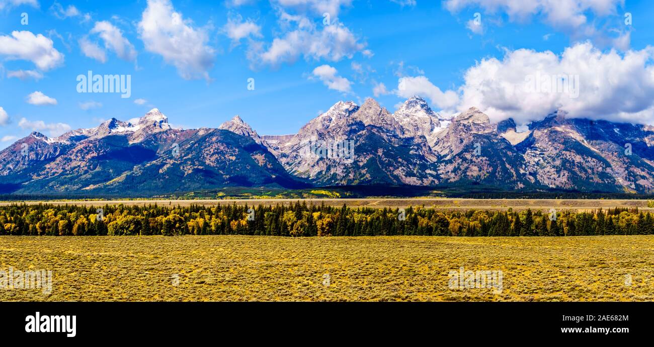 Panorama of Middle Teton, Grand Teton and Mt. Owen in the center of the ...