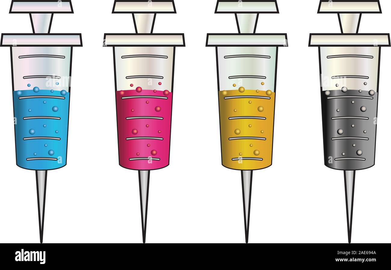 Set of cartoon syringes filled with colorful liquids, CMYK Stock Vector ...