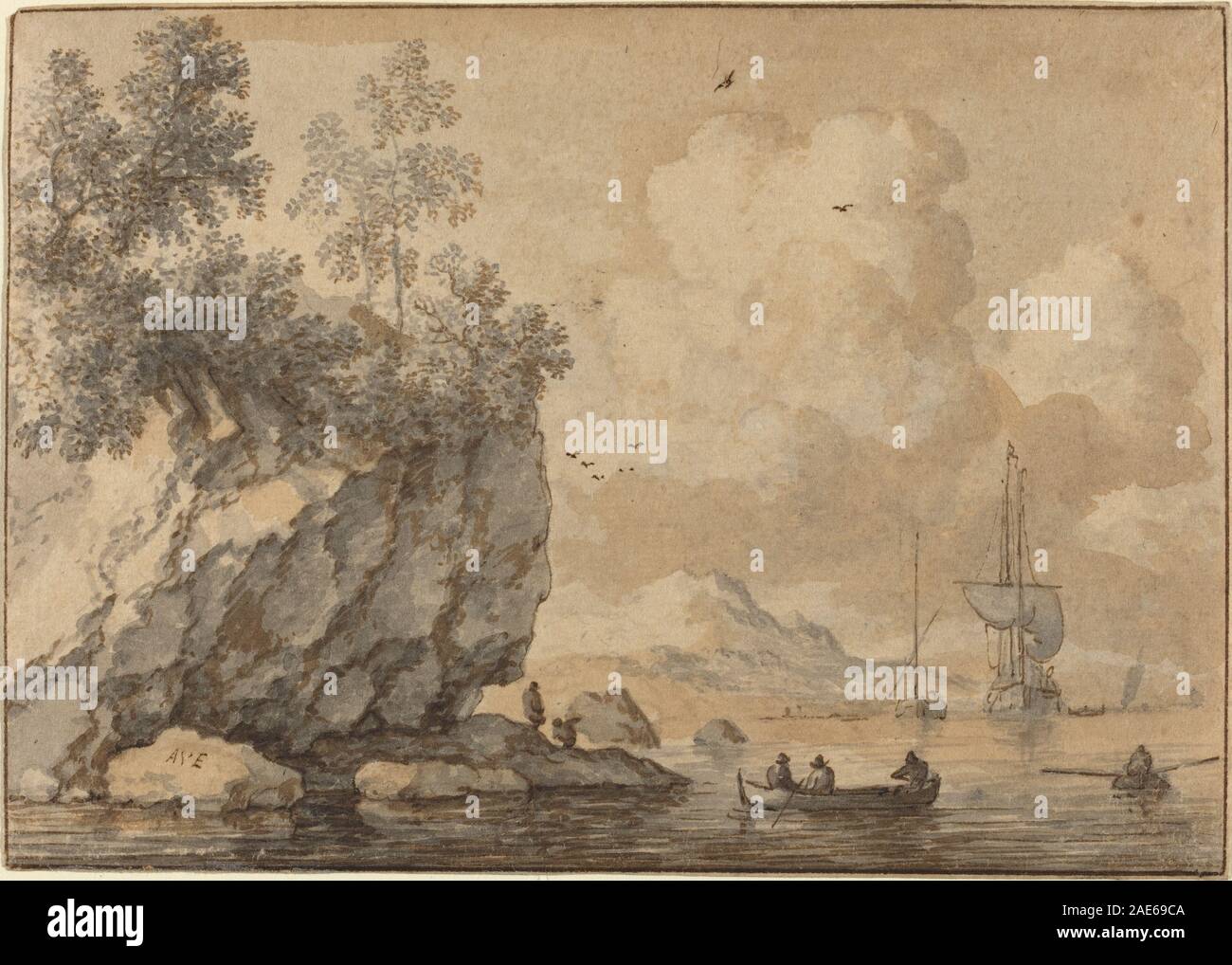 Figures in Rowing Boats in a Rocky Cove, Sailing Ships Beyond Allart ...
