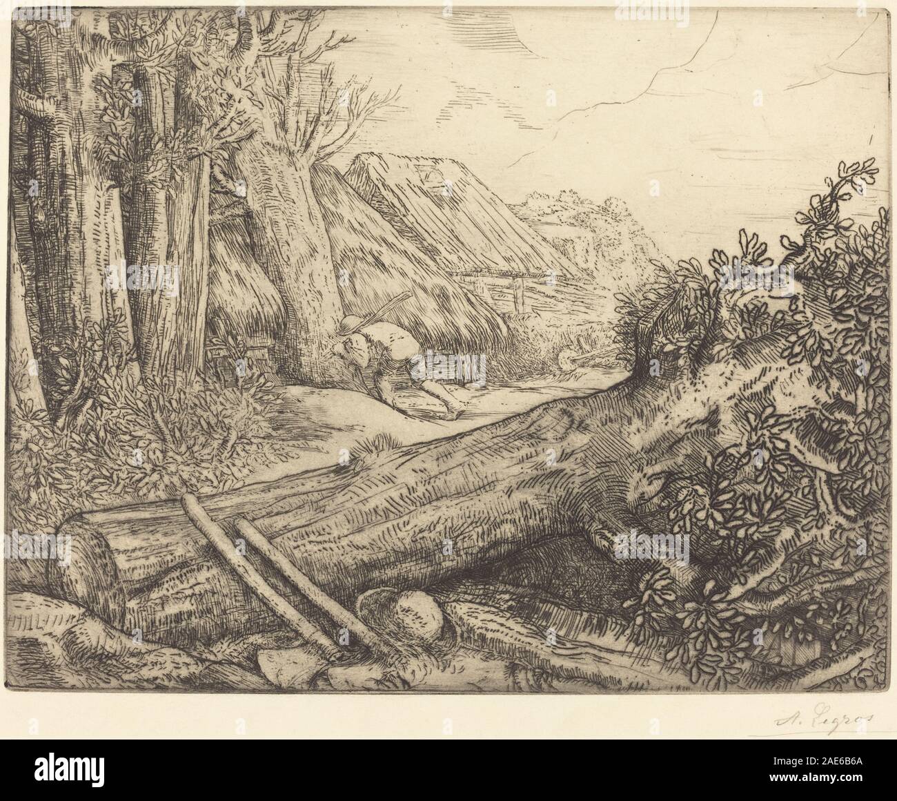 A painting by Alphonse Legros showing a woodcutter's home with figures ...