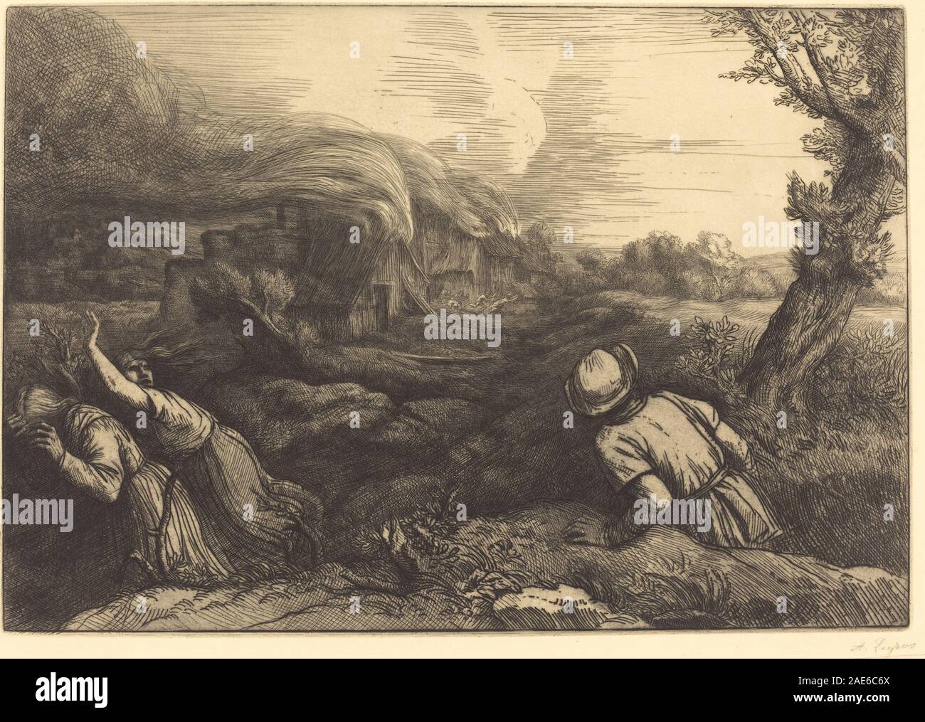 A drawing by Alphonse Legros depicting a fire in a small hamlet ...