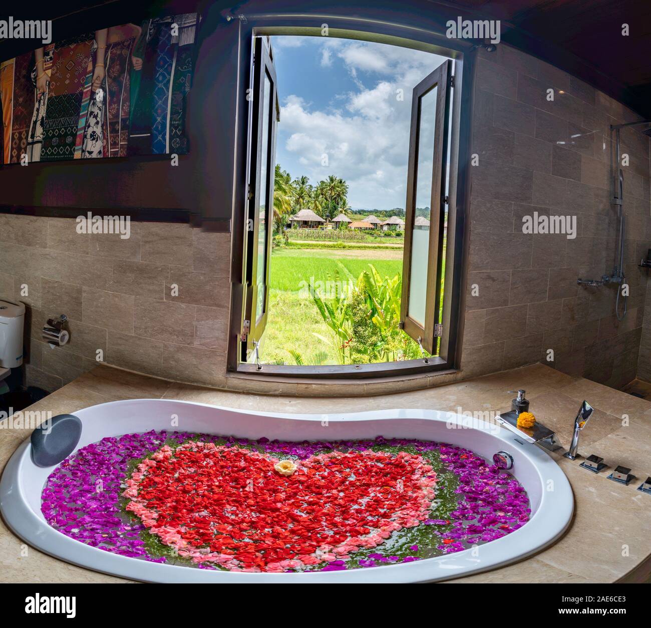 Bathtub filled with various flowers in a heart shape with window open ...