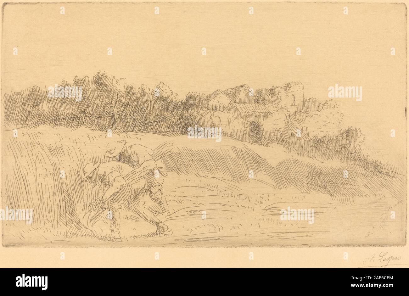 Depicts harvesters at work by Alphonse Legros, showing figures ...