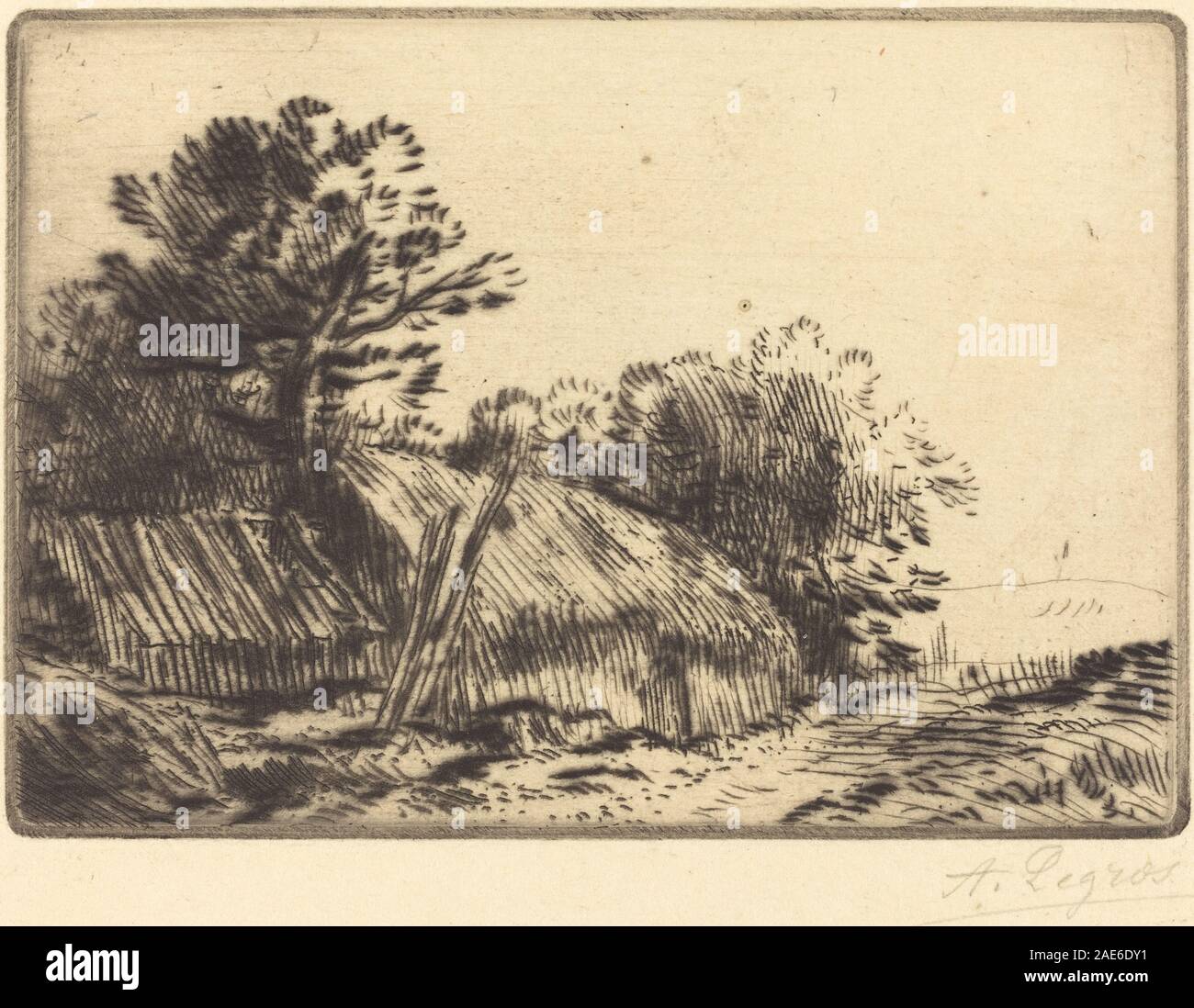 Depicts a rustic rural scene with buildings, trees, and figures ...