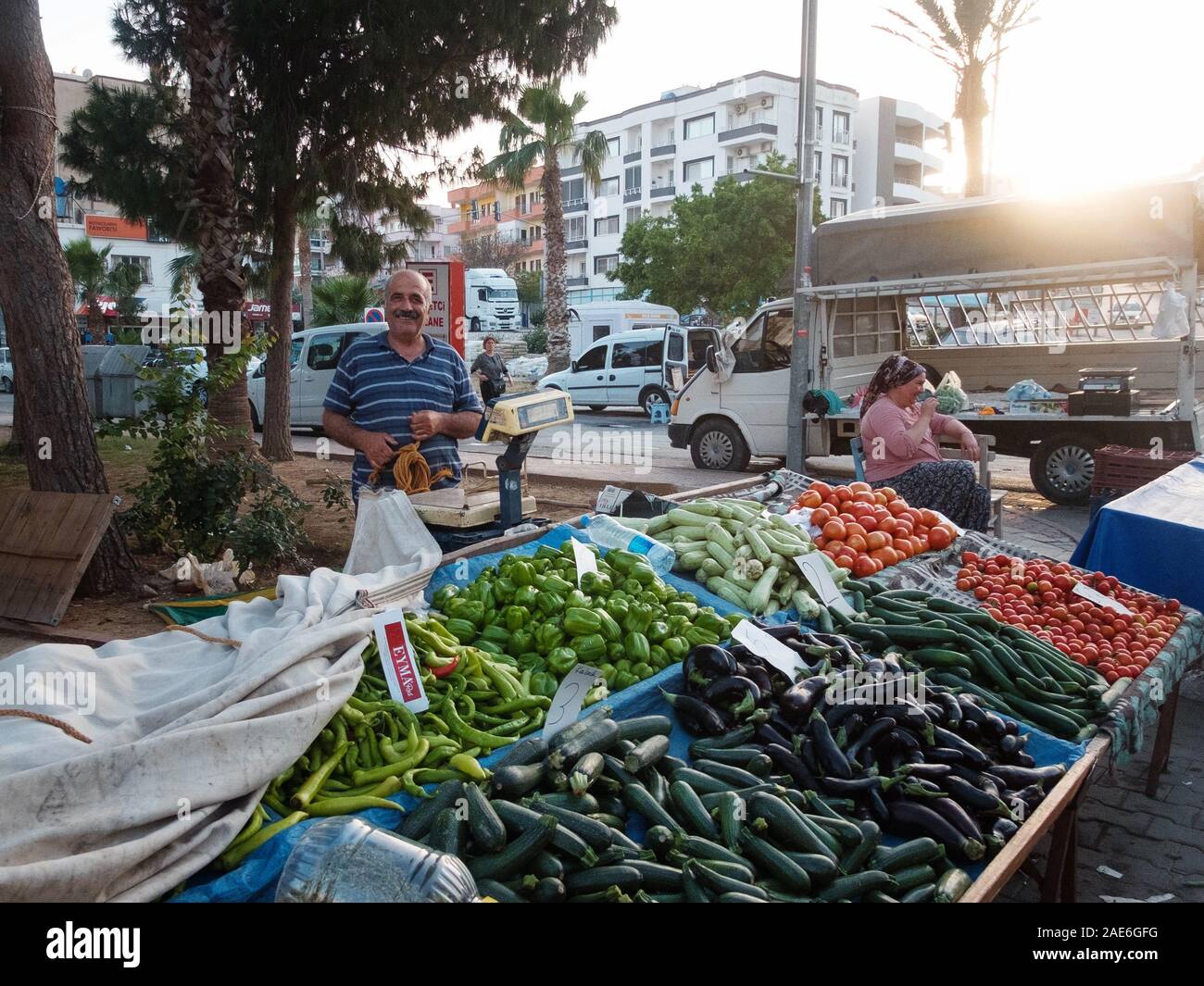 Tasucu, Mersin province, Turkey - May 2019. Smiling old vegetable ...