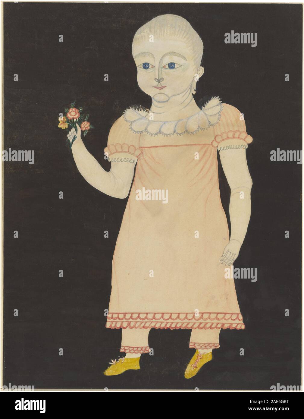 Depicts a baby in a pink dress with roses, c. 1820, showing child ...