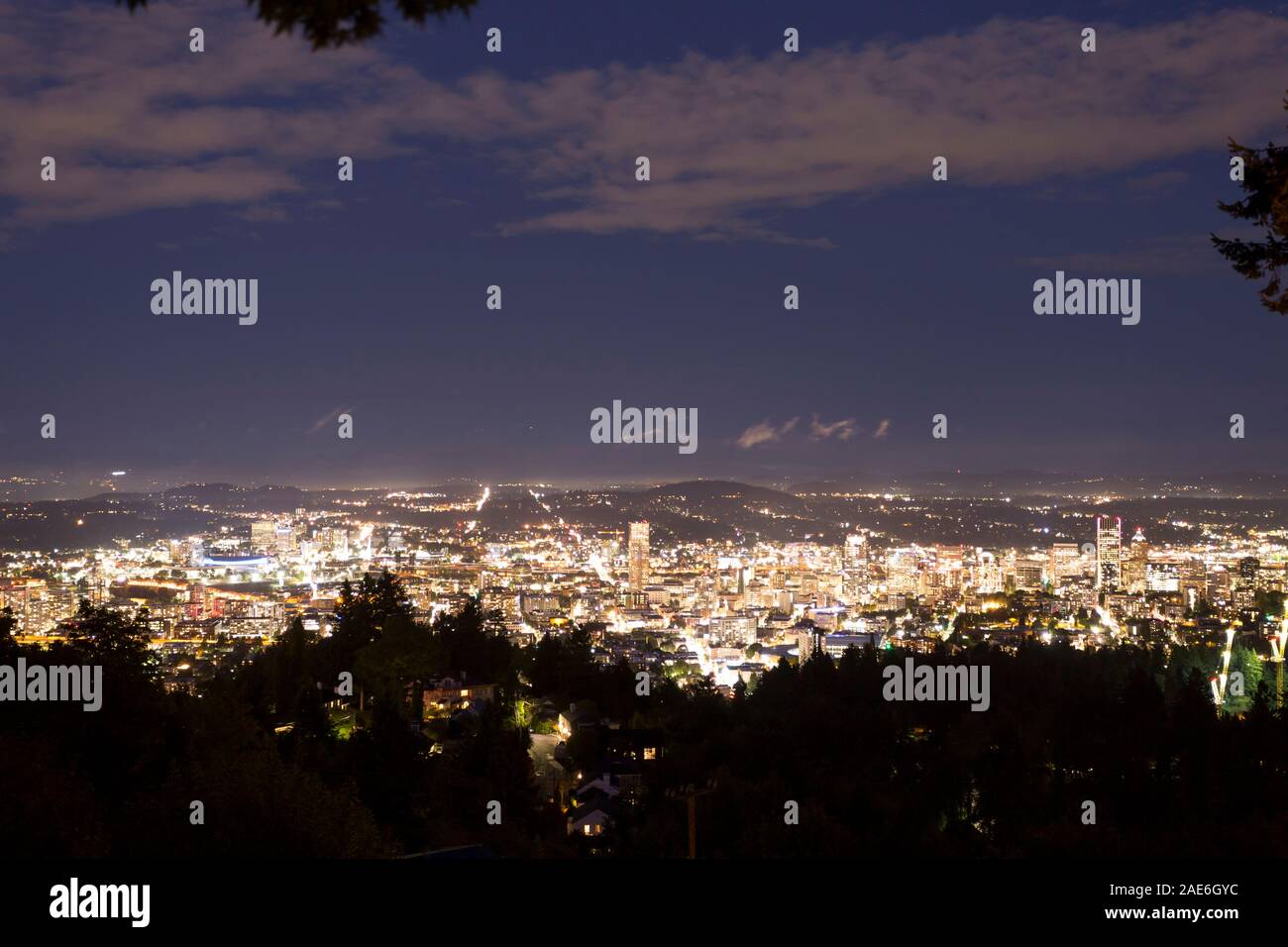 Illuminated Portland, Oregon urban cityscape skyline at night seen from ...