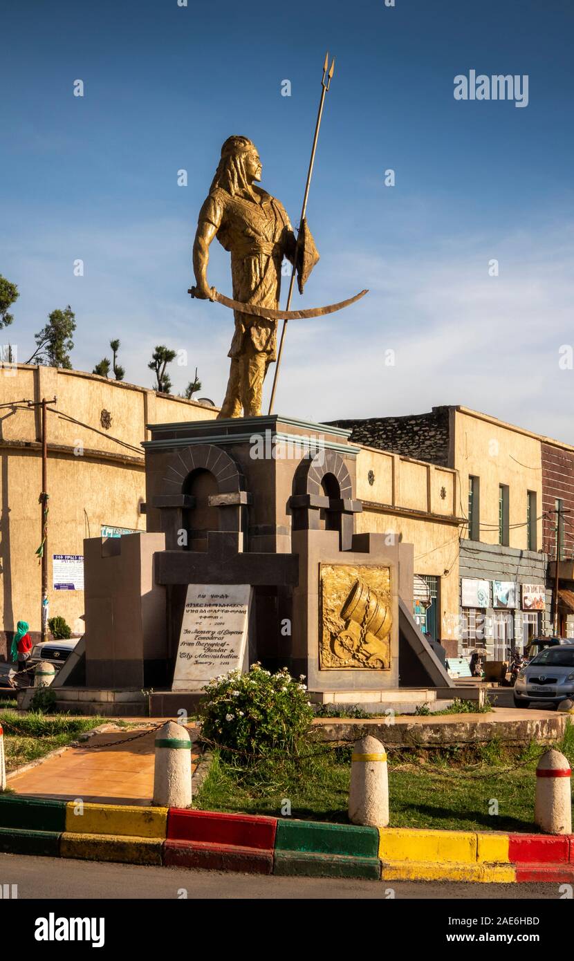 Ethiopia, Amhara Region, Gondar, Piazza, statue of Emperor Atse ...