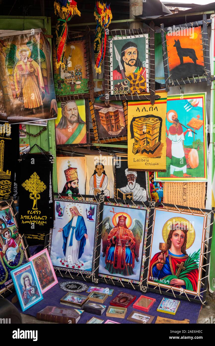 Ethiopia, Amhara Region, Gondar, town centre, religious supplies shop ...
