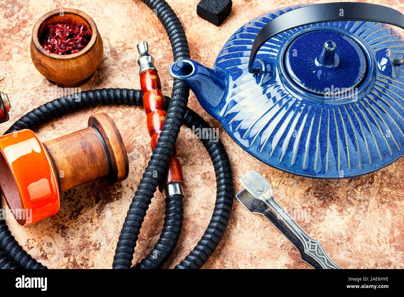 Details of tobacco hookah and teapot with tea.Eastern smoking shisha ...