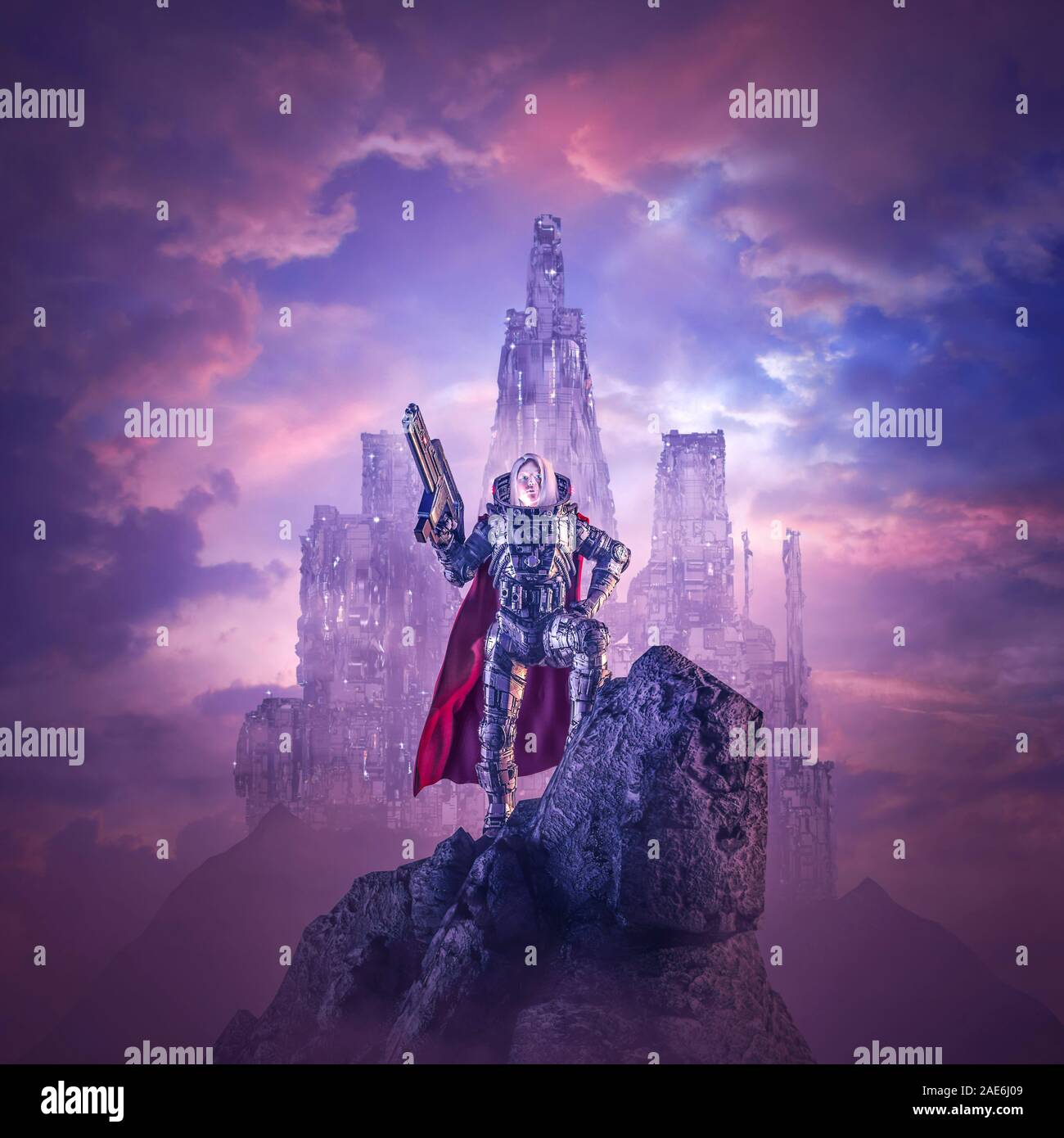 Mountain top guardian / 3D illustration of science fiction caped female ...