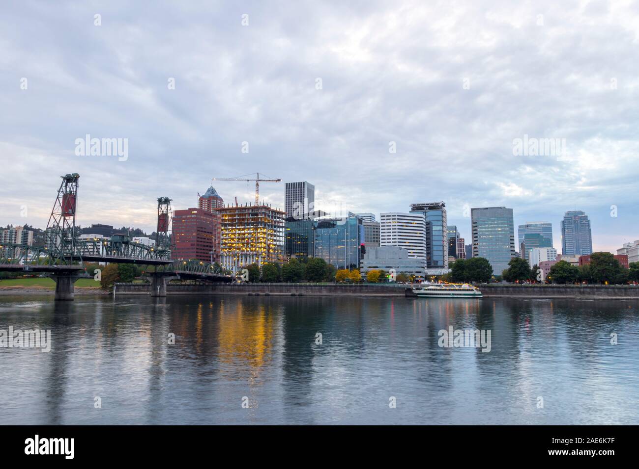Colorful sunset and clouds rolling over the city of Portland Oregon ...