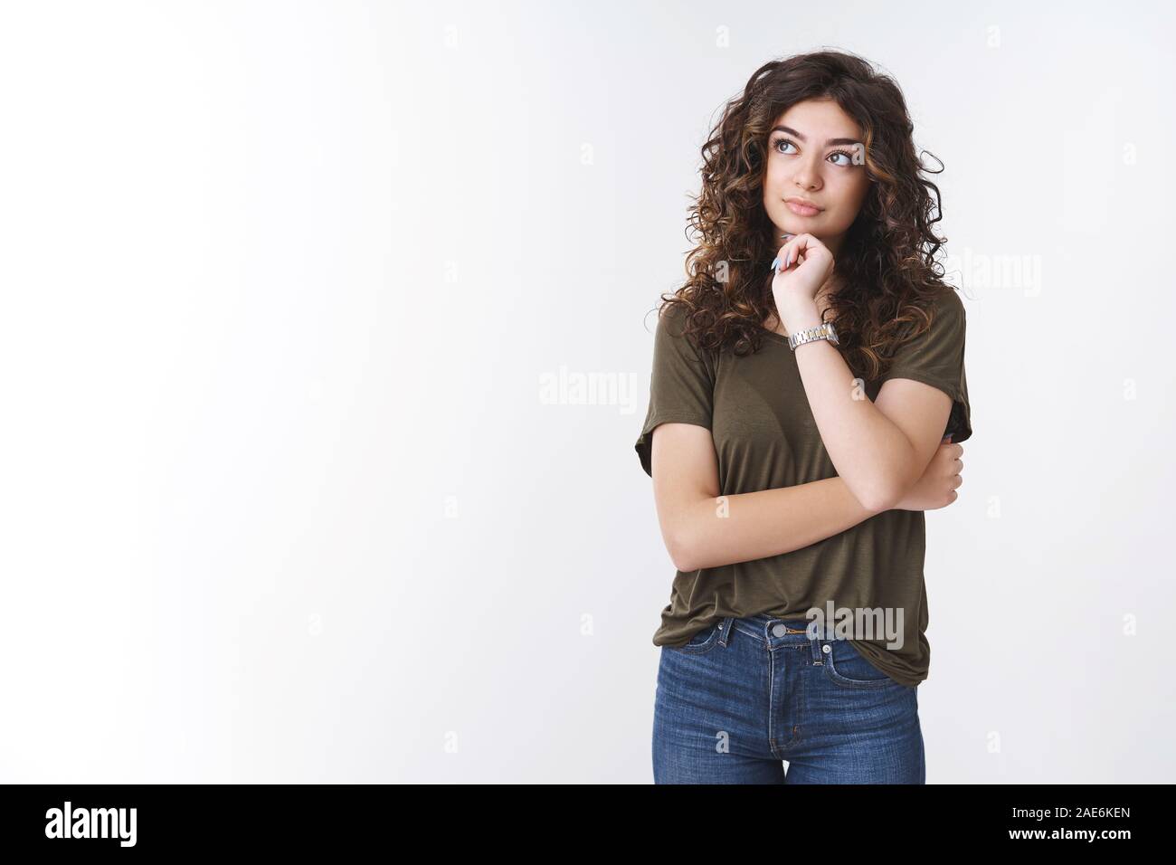 Girl thinking how manage time better, making plans grocery list mind ...