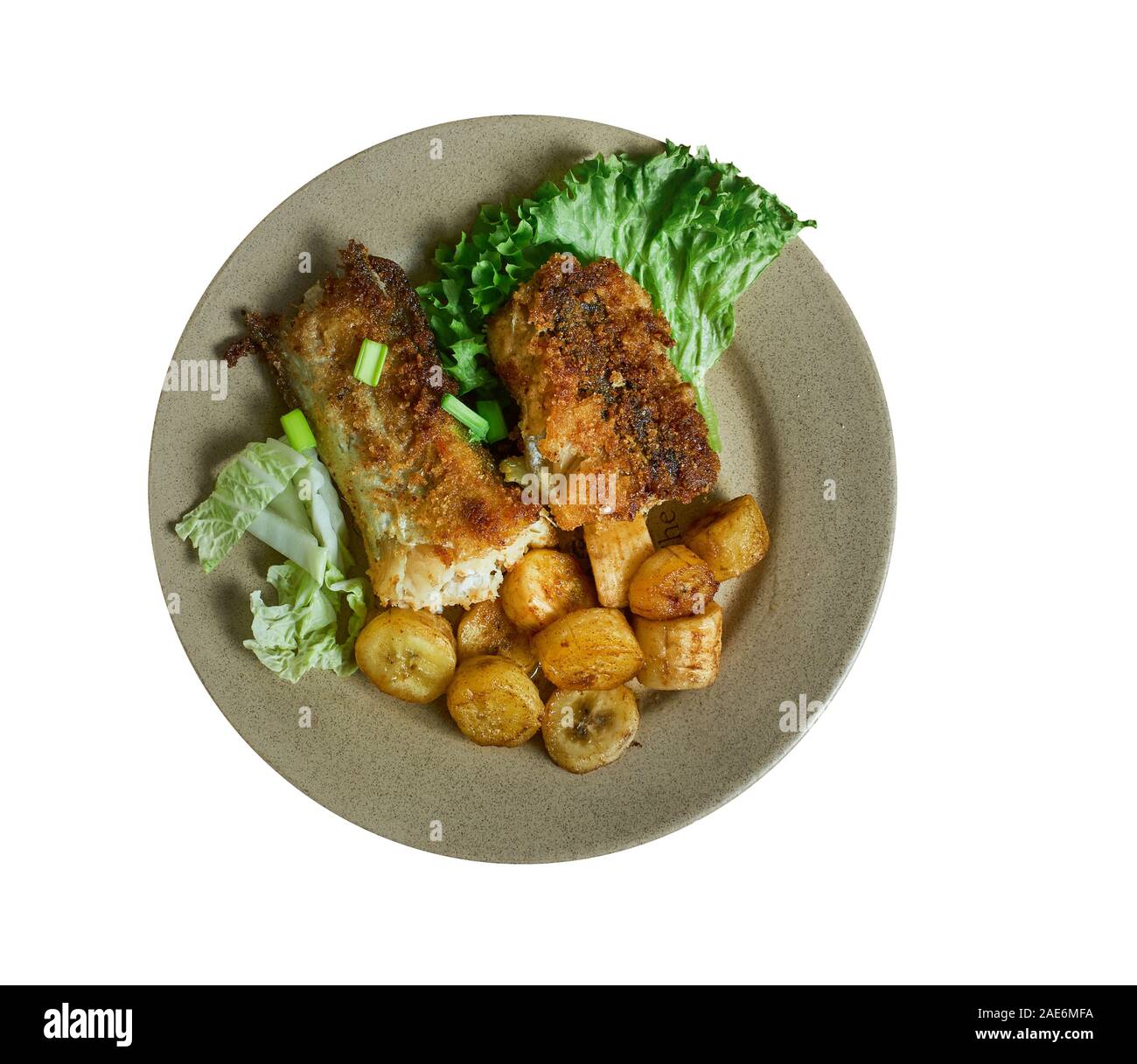 Ngolo, fried fish with bananas, Congolese cuisine, Traditional assorted ...