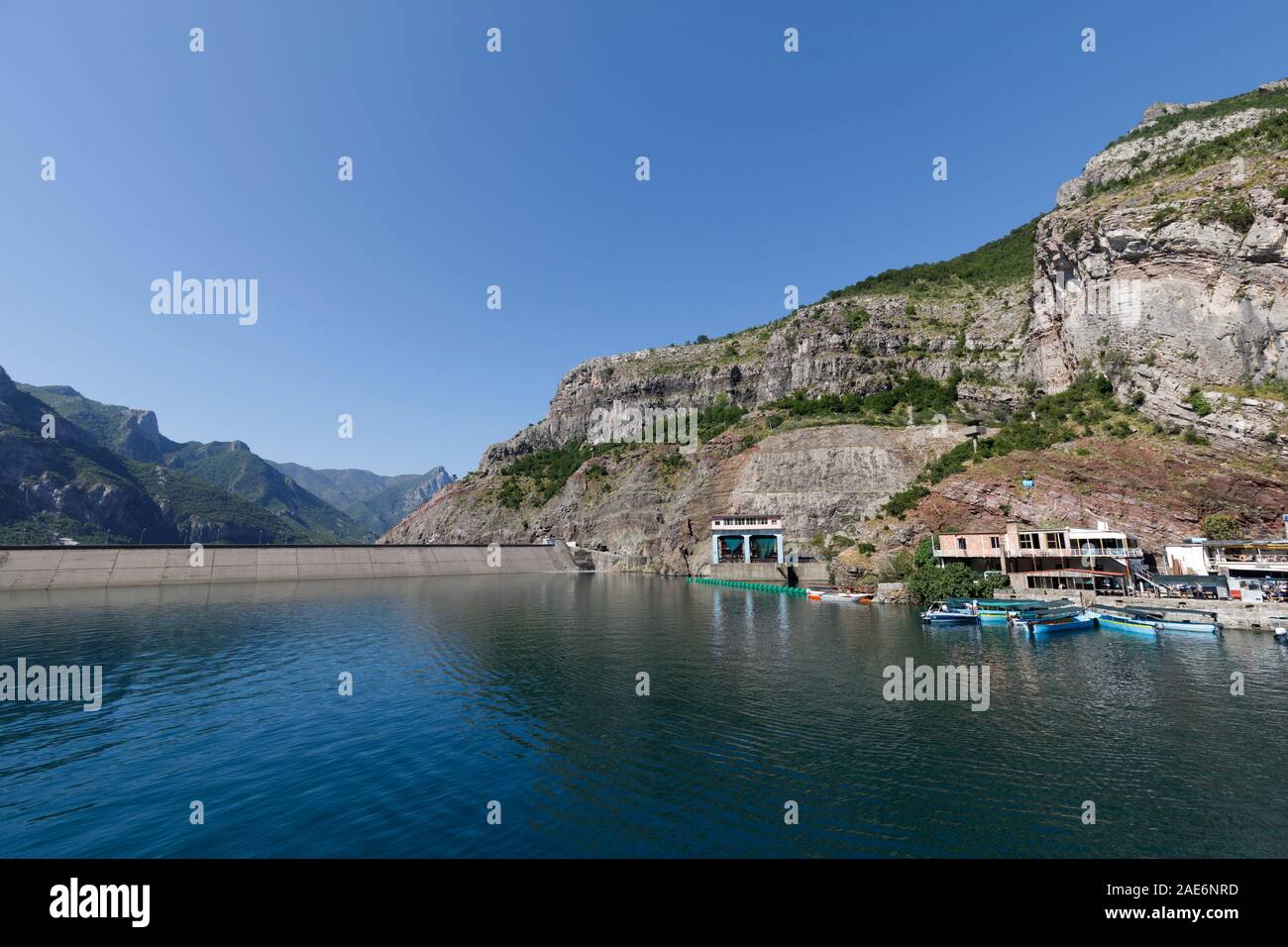 Koman, Albania, July 7 2019: Looking back to the ferry dock in koman ...