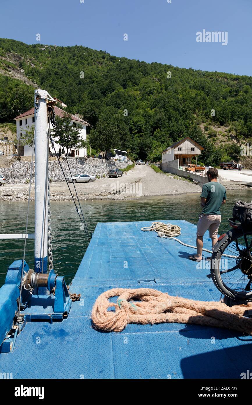 Fierza, Albania, July 7 2019: Arrival in Fierza with the car ferry ...