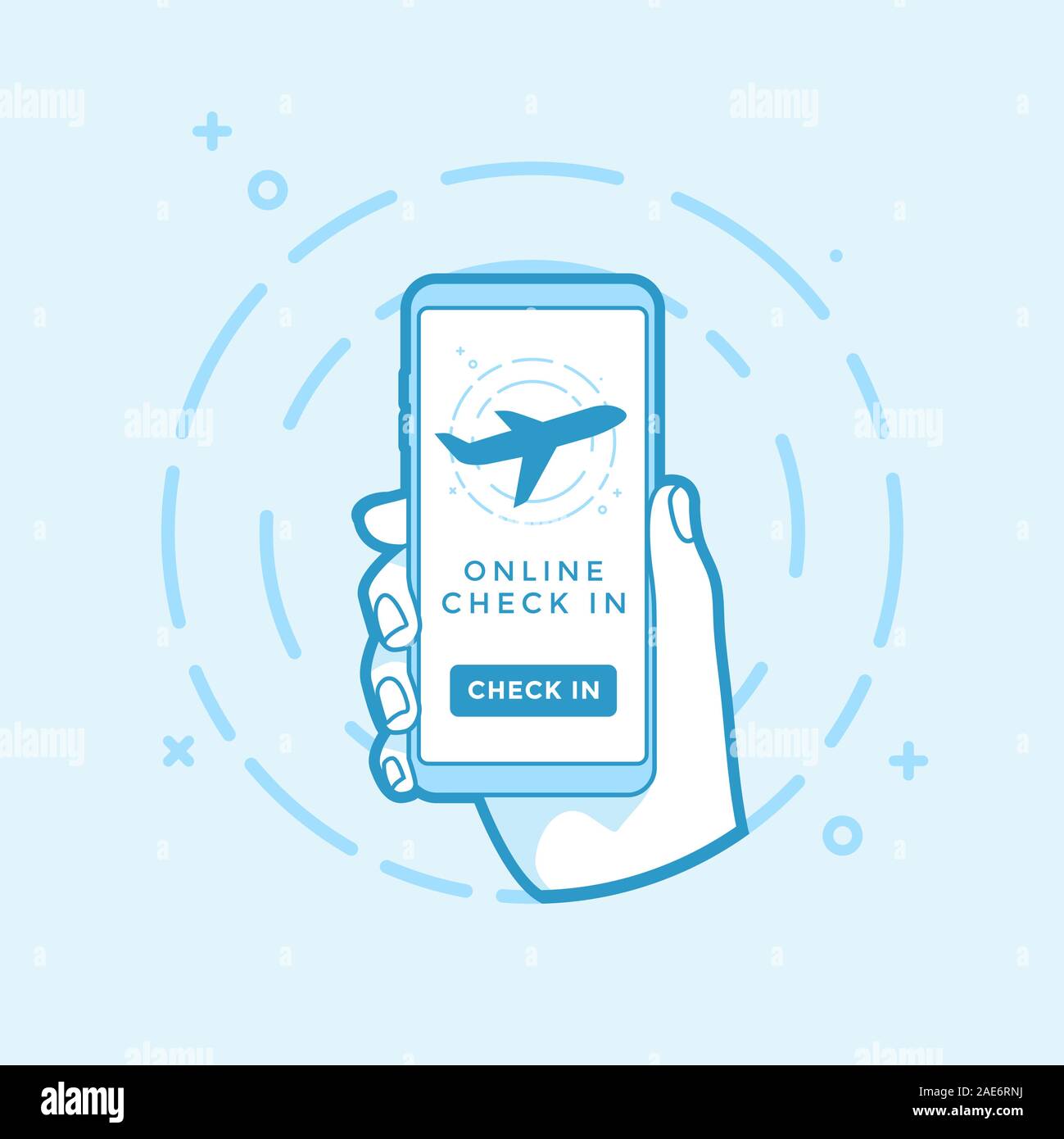 Online check in button and airplane icon on screen. Hand holding ...