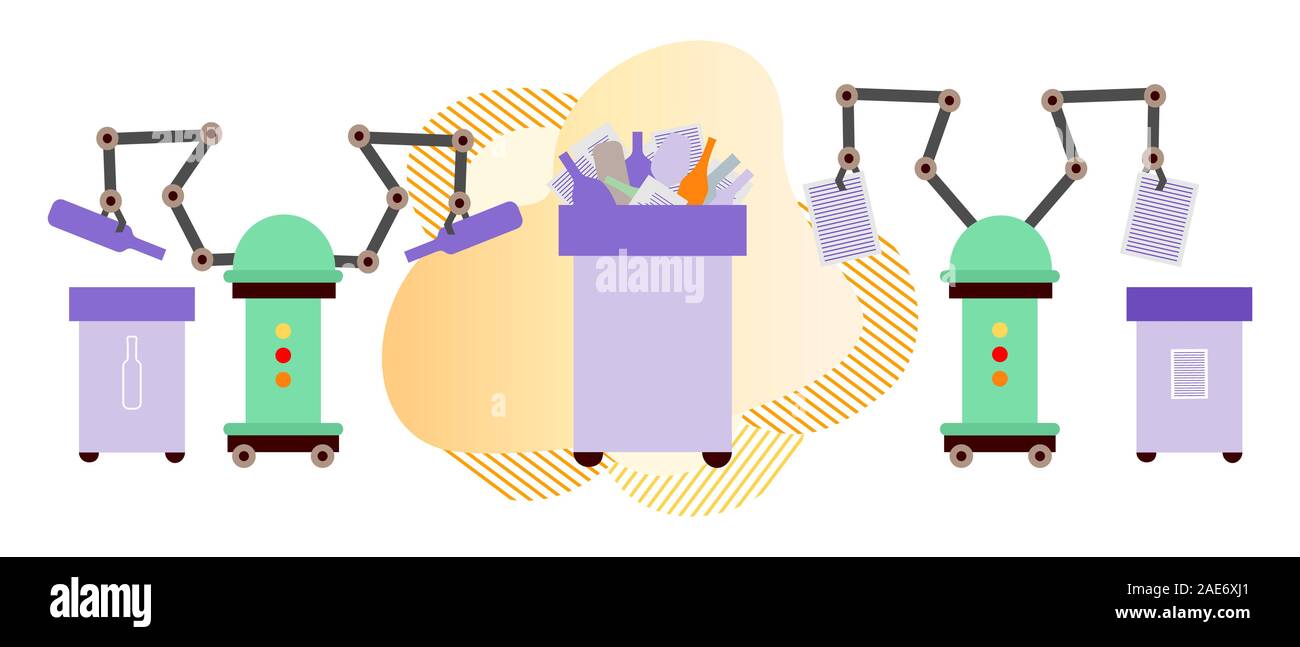 Vector illustration Automated robot sorting garbage on white background ...
