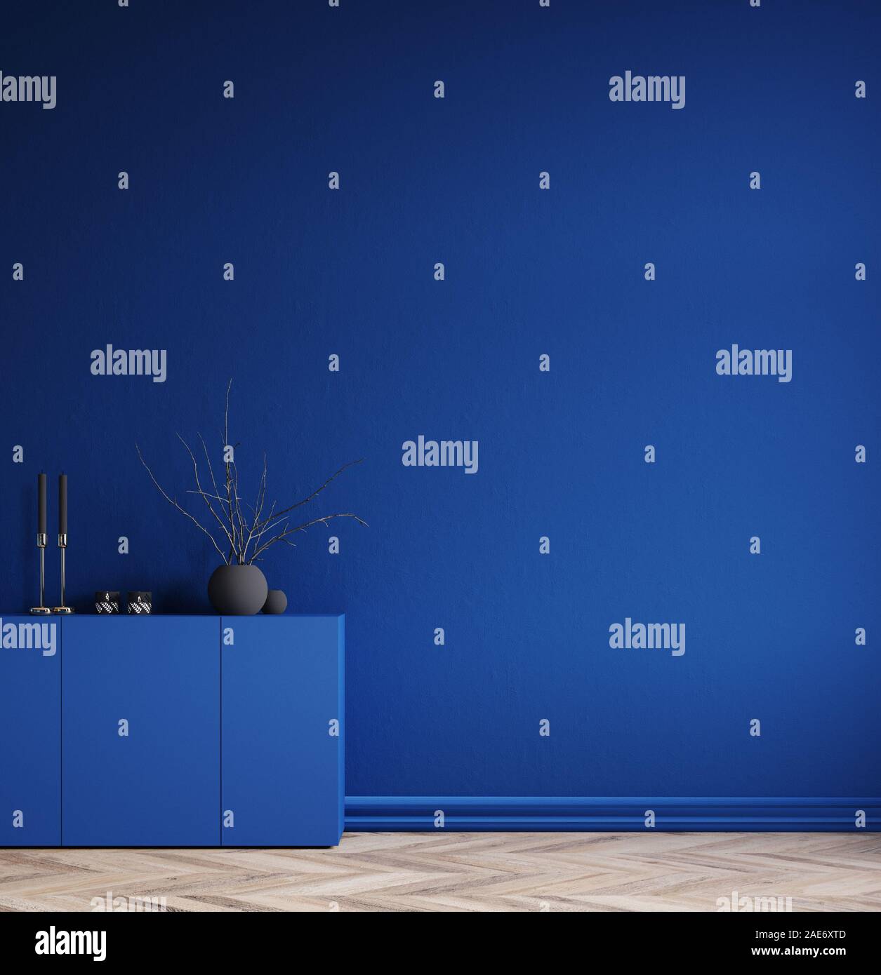 Minimal decorated dark deep blue room with chest of drawers and vase ...
