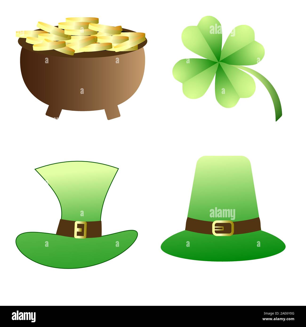 Shamrock ,hat of Leprechaun and a bowler with golden coins. St. Patrick ...
