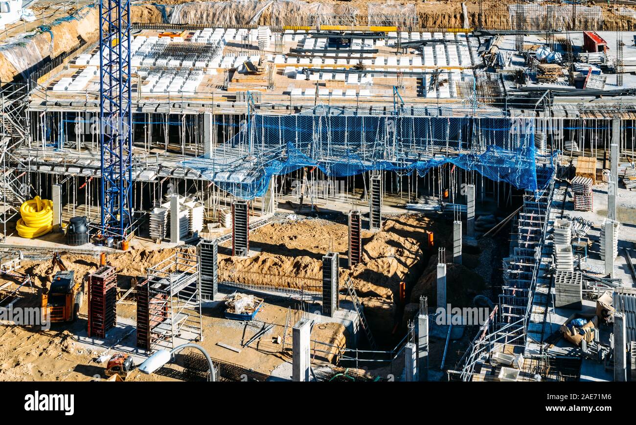 High perspective view of empty construction site with cranes Stock ...