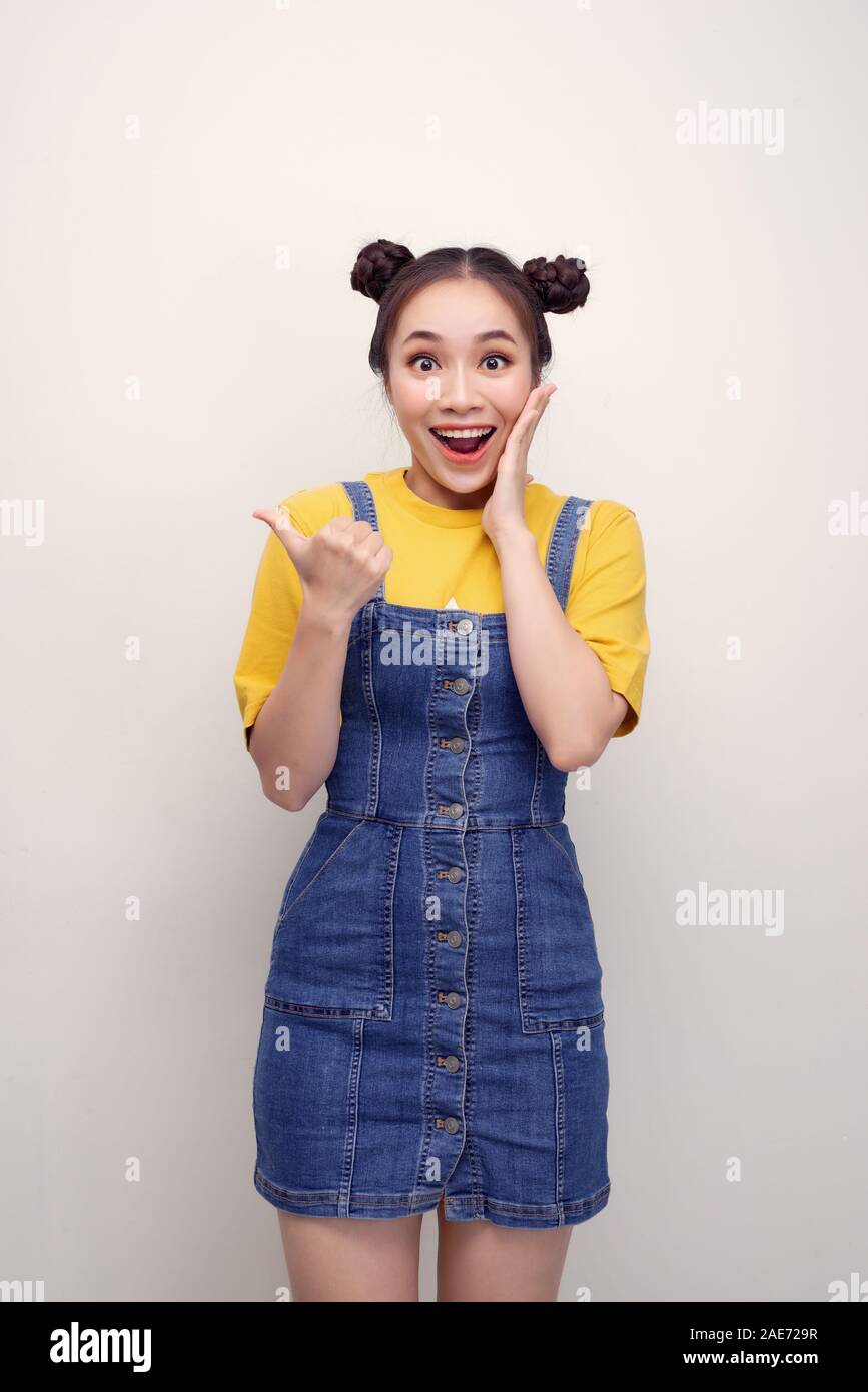 Human reaction, emotion sale, discount, concept. Astonishment lady hold ...