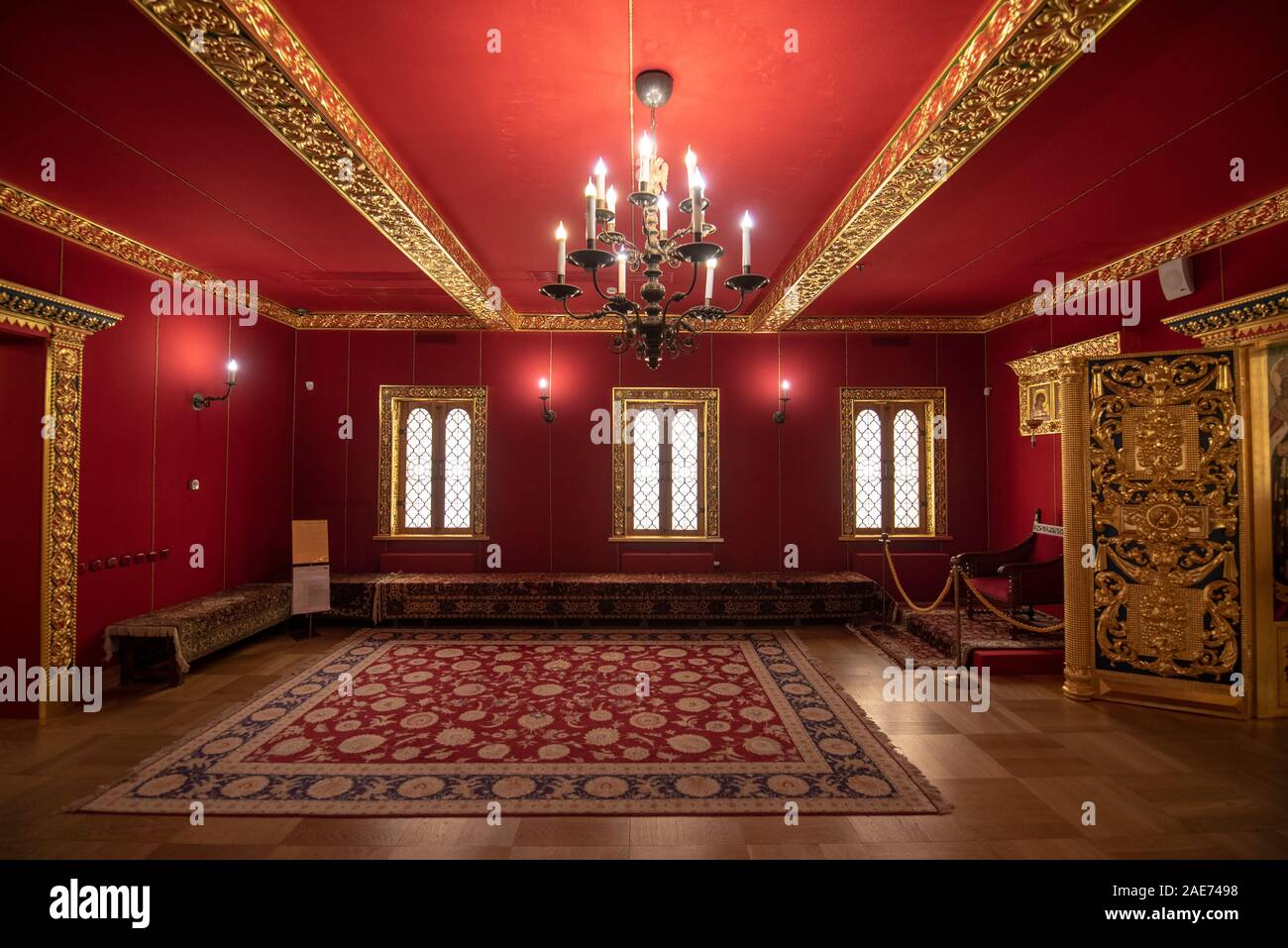 Inside interior of The wooden palace or castle or dvorets of Tsar ...