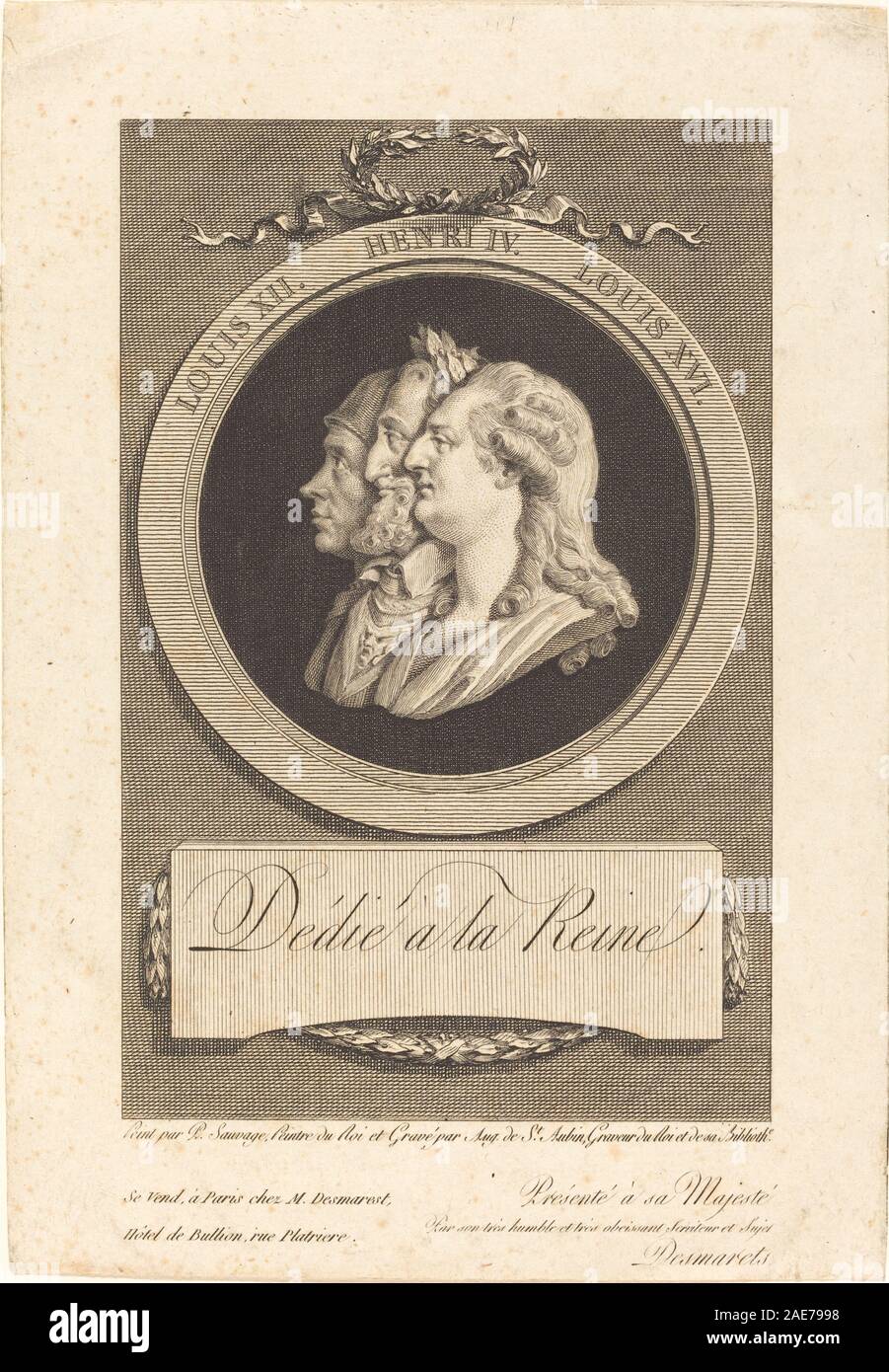 This print depicts French kings Louis XVI, Henri IV, and Louis XII ...
