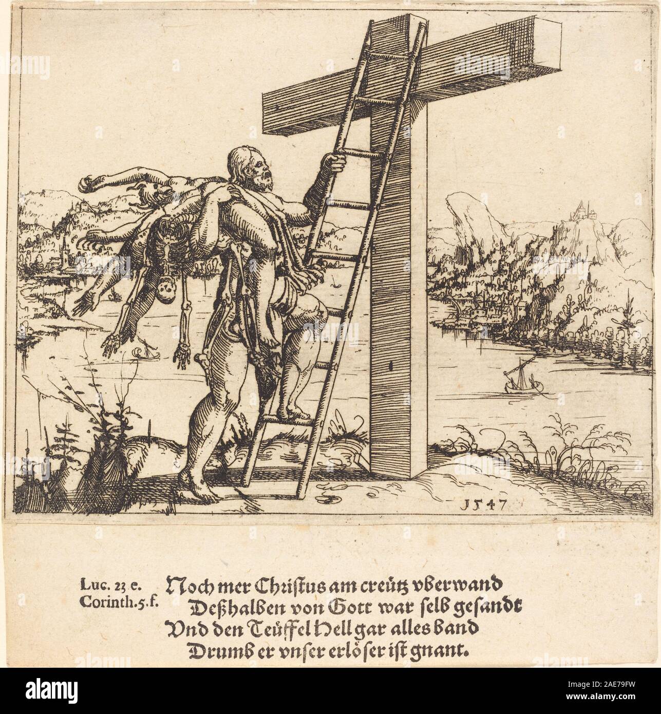 This engraving depicts Christ ascending the cross accompanied by Sin ...