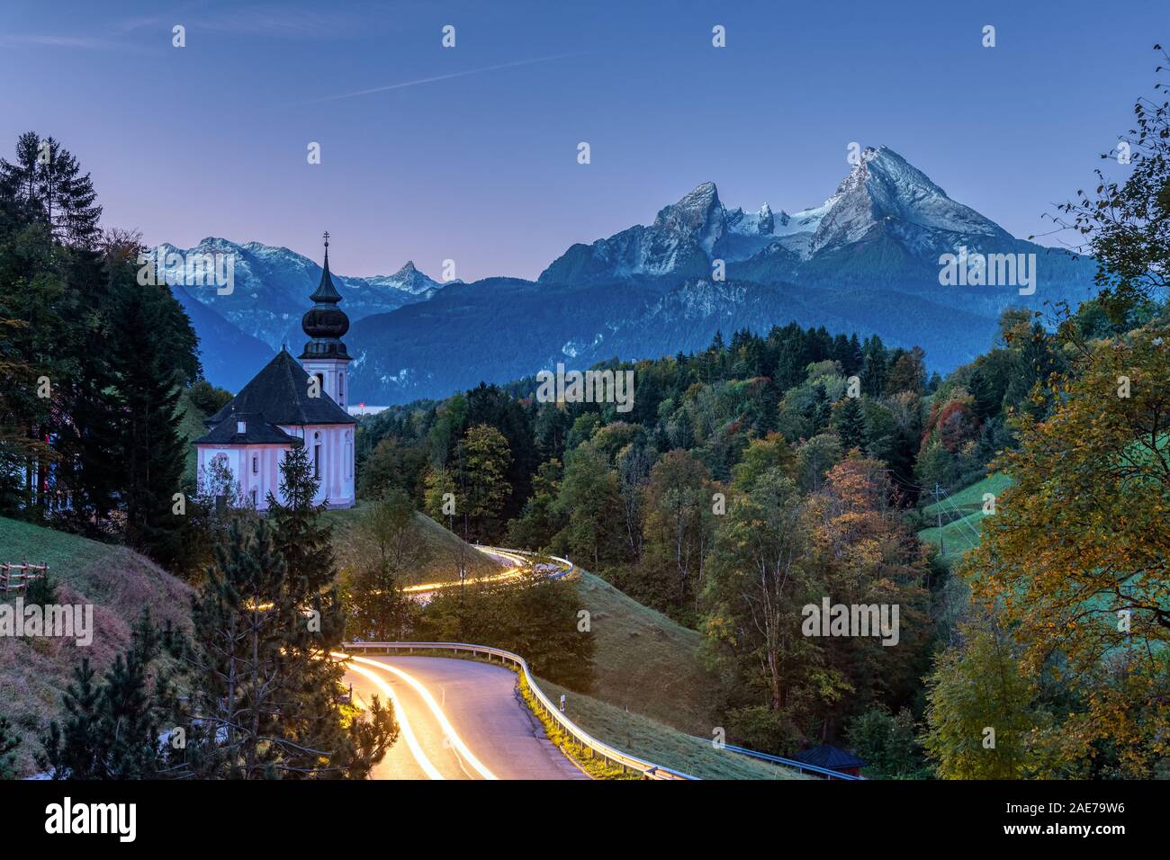 Mount Watzmann and the small Maria Gern church at dawn with light ...