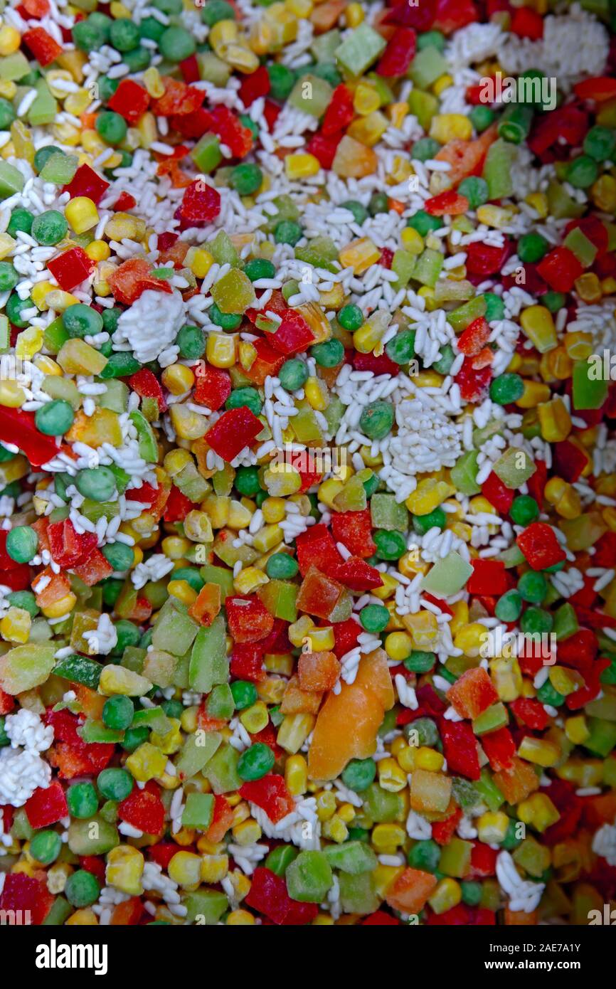 Brightly colored seasonal vegetables are frozen and sold at the grocery ...