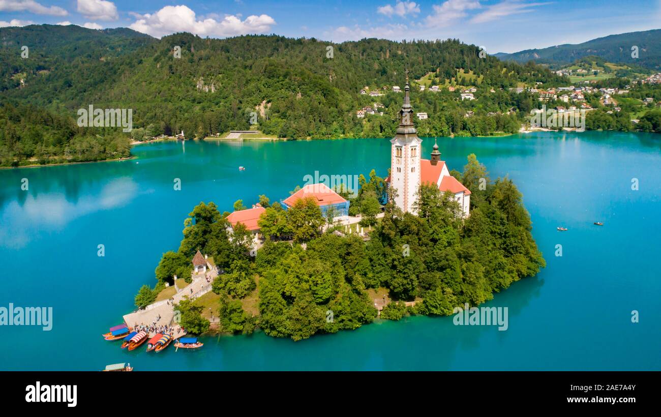 Aerial view of lake bled in sunny summer day Stock Photo - Alamy