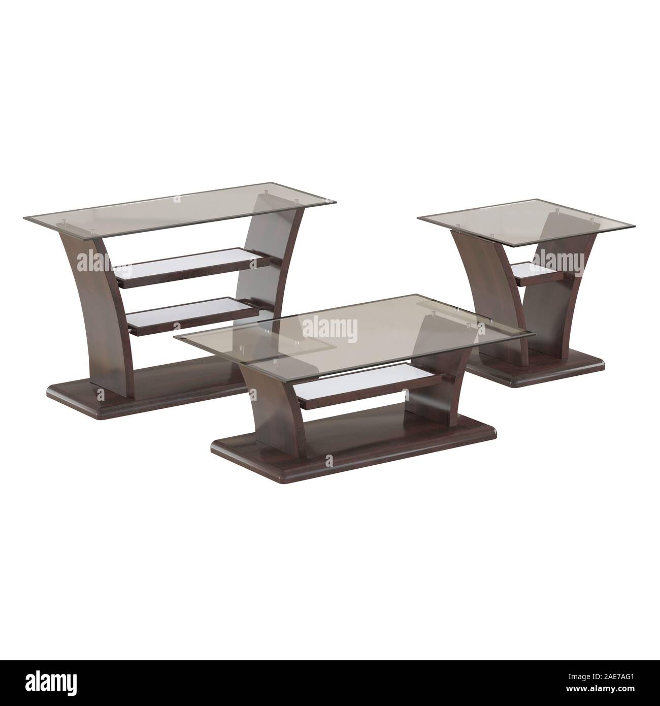 Three coffee tables glass surface, wood base on isolated background. 3d ...