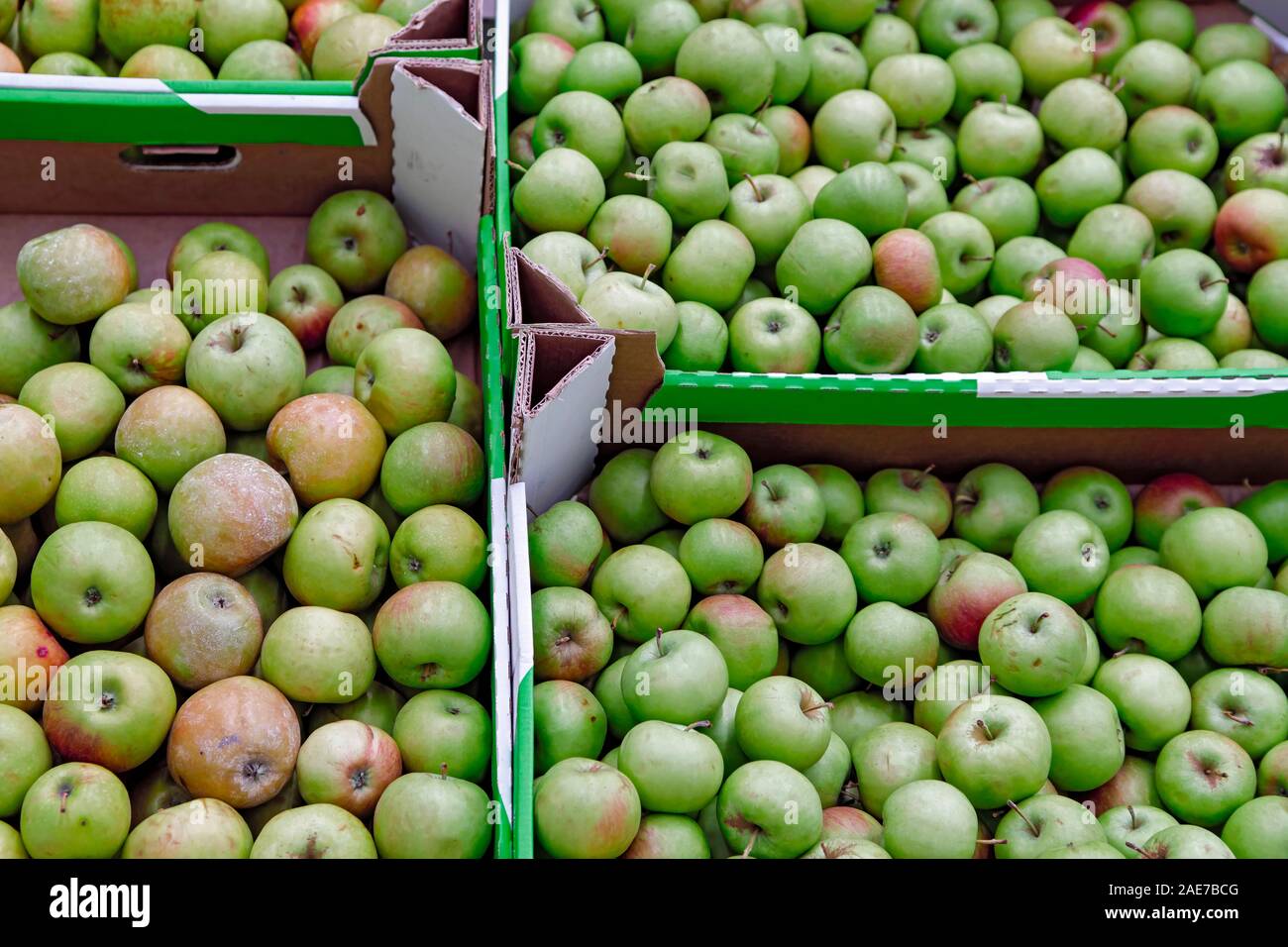 Seasonal fruits are placed in boxes in the grocery store. Close-up of ...