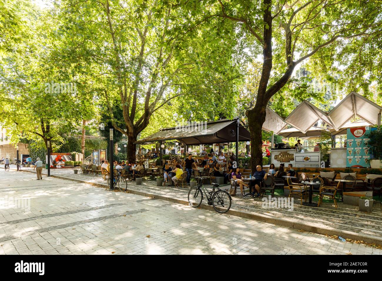 Tirana, Albania, July 8 2019: People walking at a pedestrian city ...